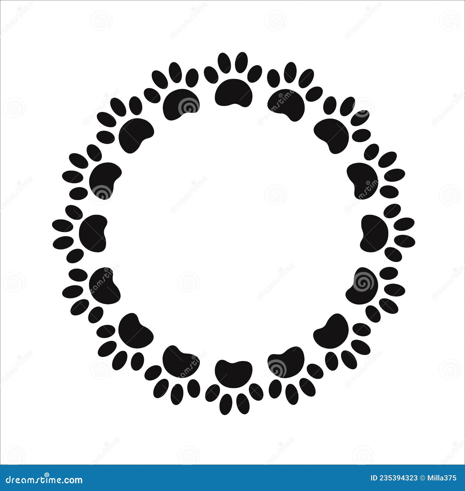 Black Paw Prints Animals Pets Round Frame Border. Cartoon Vector ...