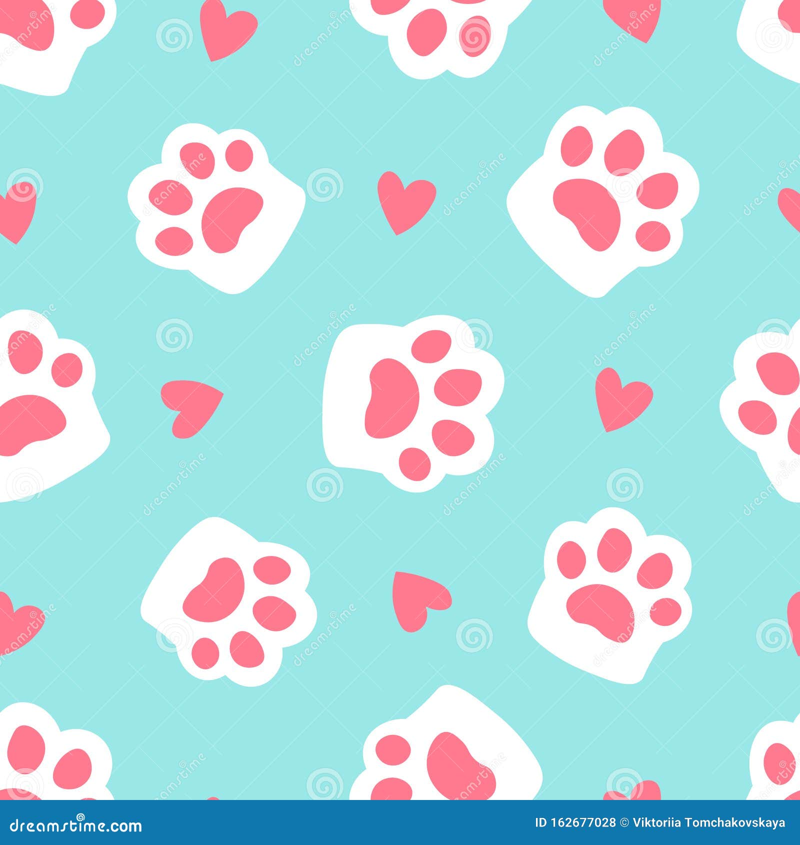 Paw Seamless Pattern Footprint and Heart. Cute Cat Paw on Blue ... Paw Seamless Pattern Footprint and Heart. Cute Cat Paw on Blue ...