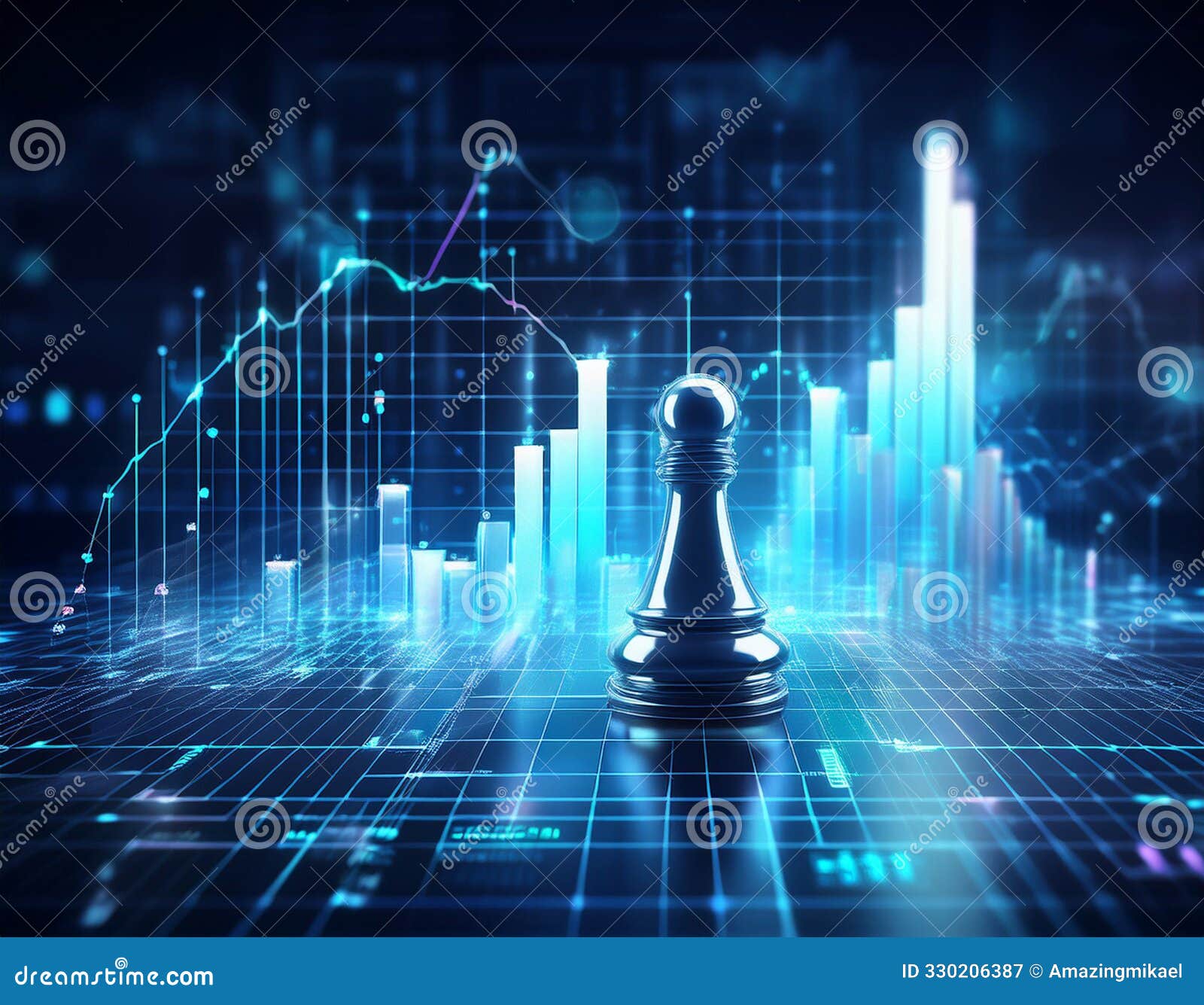 Pawn Chess Piece Surrounded by Rising Data Bars in a Business Analytics ...