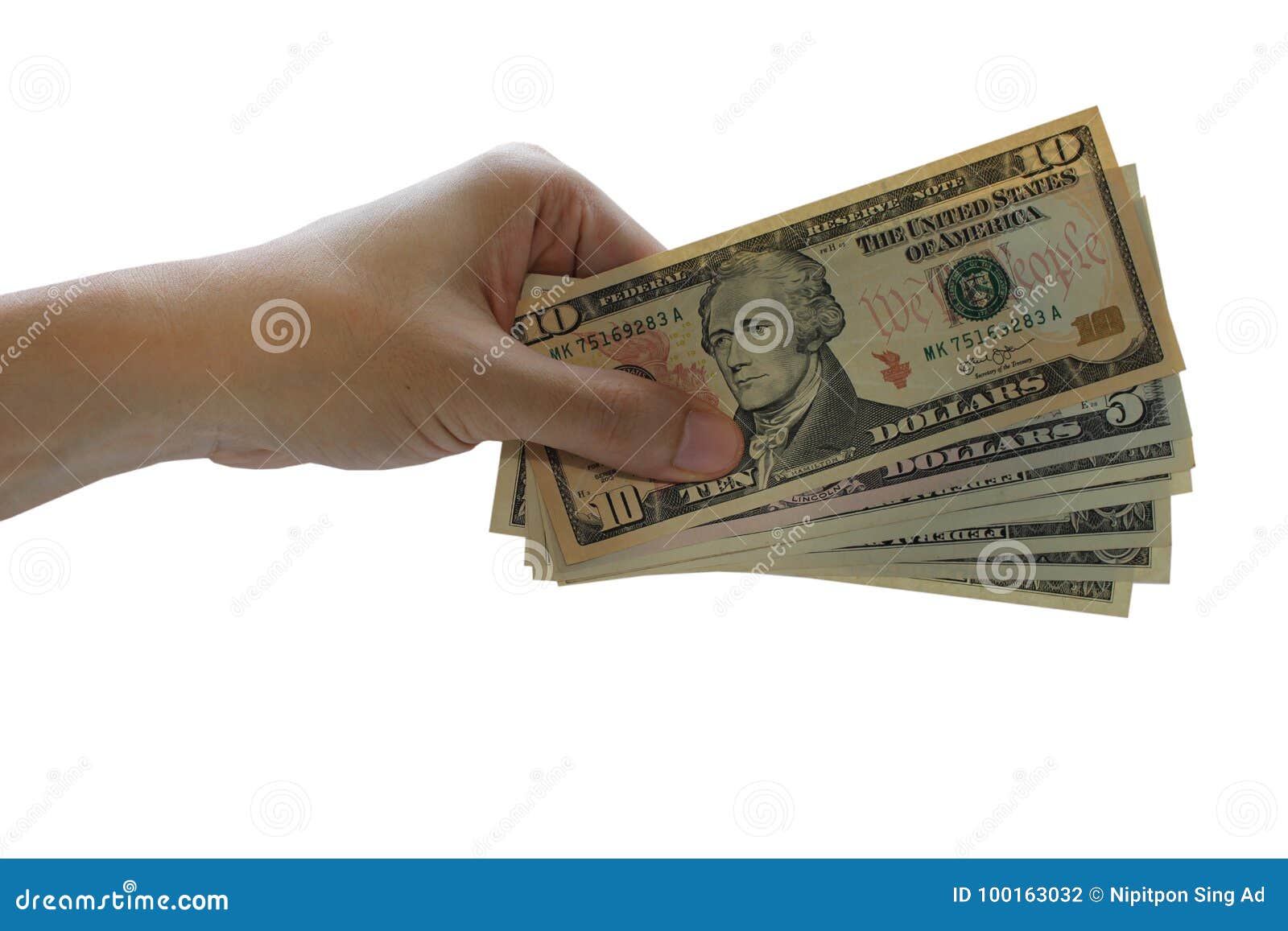 Dollar In Hand Over Falling Money Background Stock Photo ...