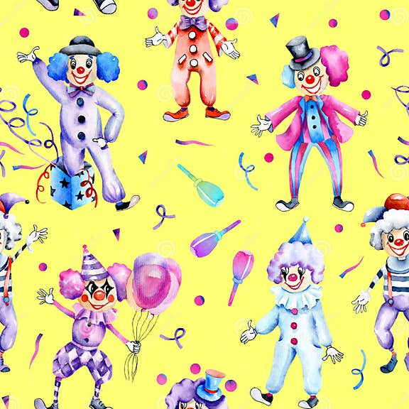 Payasos De Circo De La Acuarela Y Modelo Inconsútil Del Confeti Stock De Ilustración