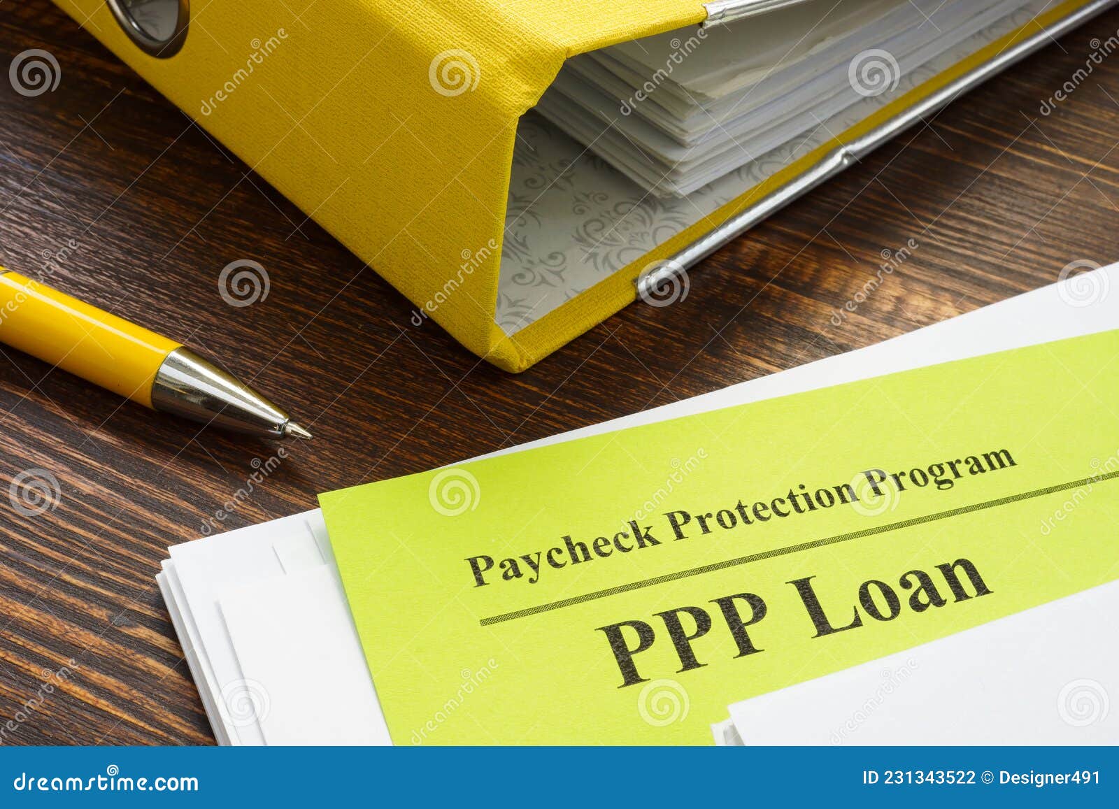 Paycheck Protection Program or PPP Loan Papers and Yellow Folder. Stock ...
