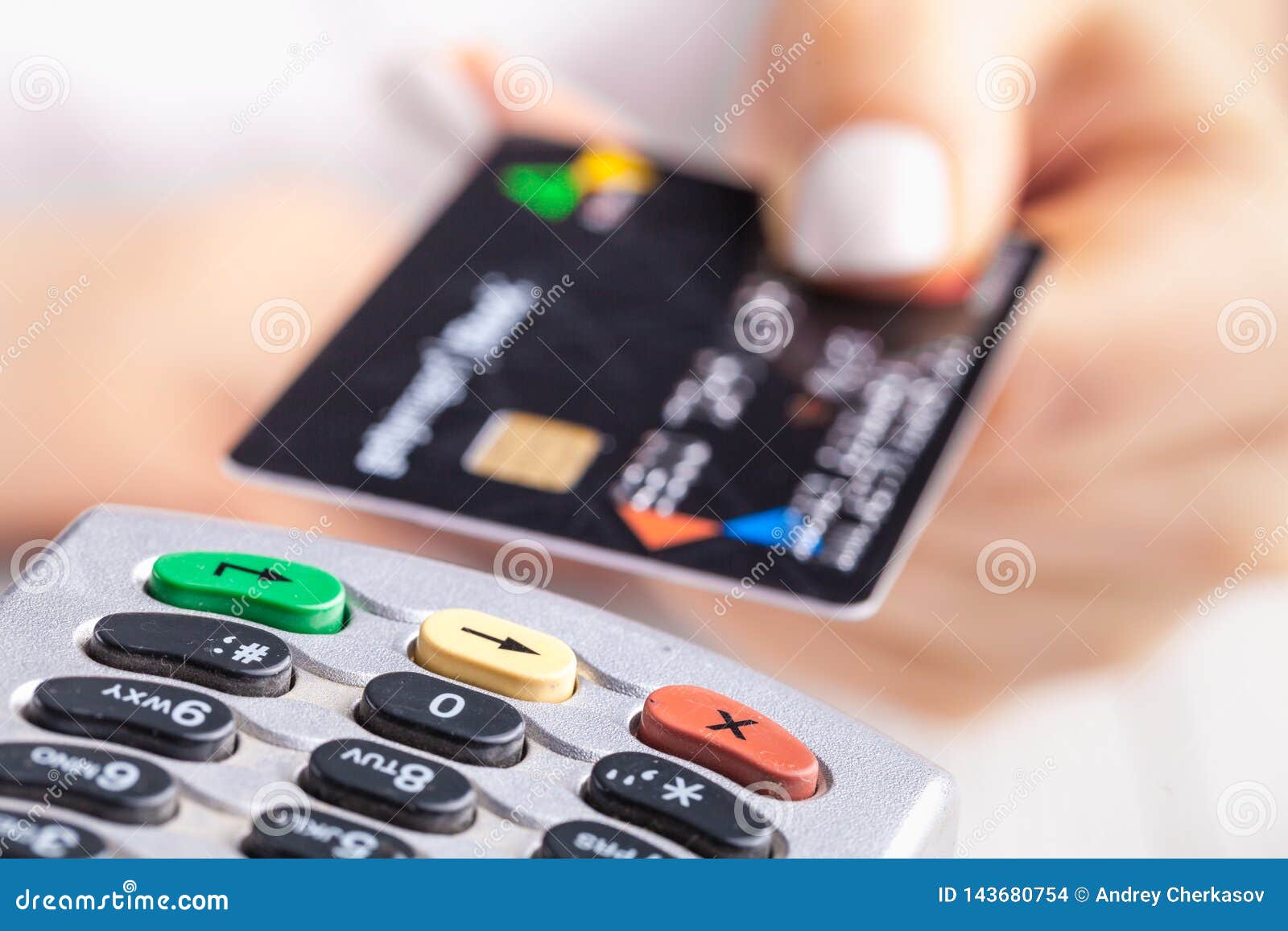 Paying with Credit Card. Female Inserting Chip Card into Payment ...