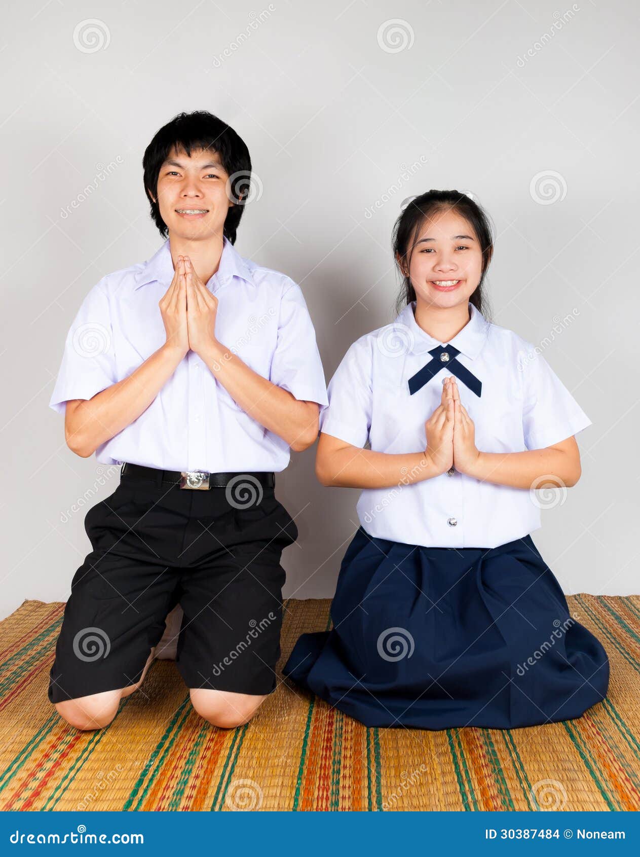 Paying Obeisance of High School Asian Thai Students Stock Photo - Image ...