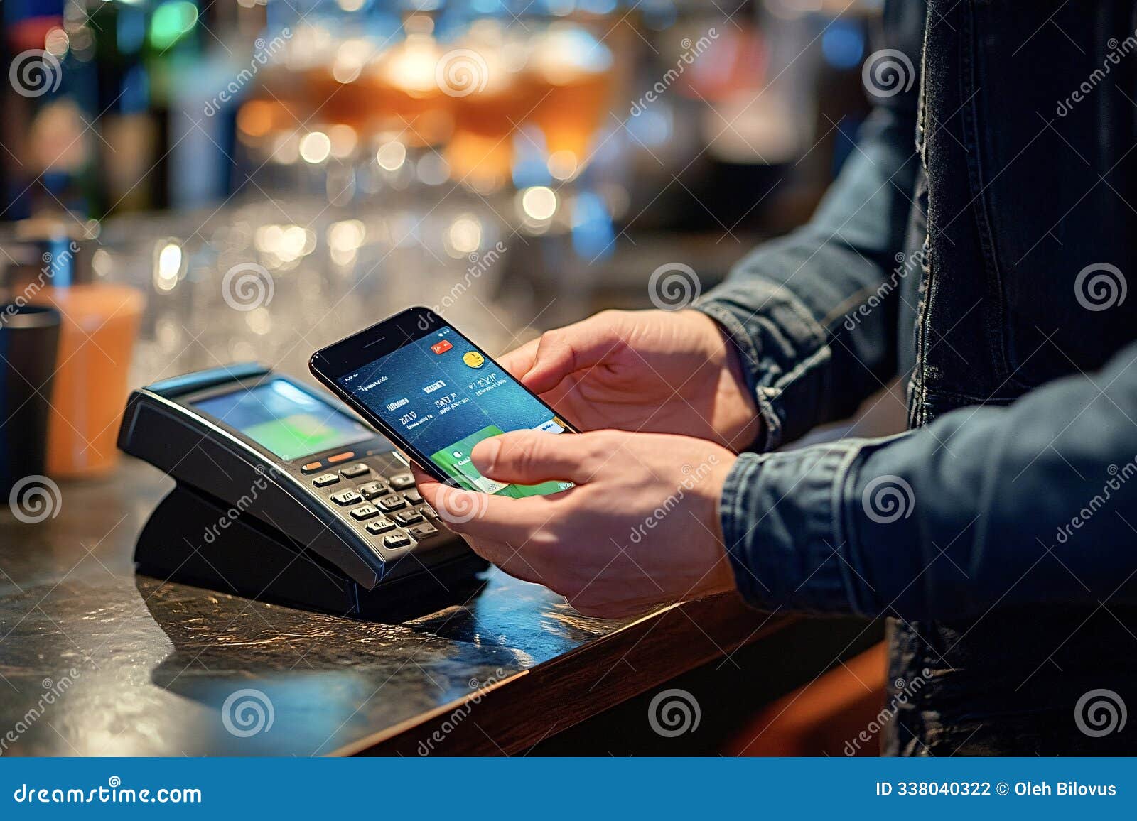 Customer Paying with Nfc Technology on Smartphone in Bar Stock Photo ...