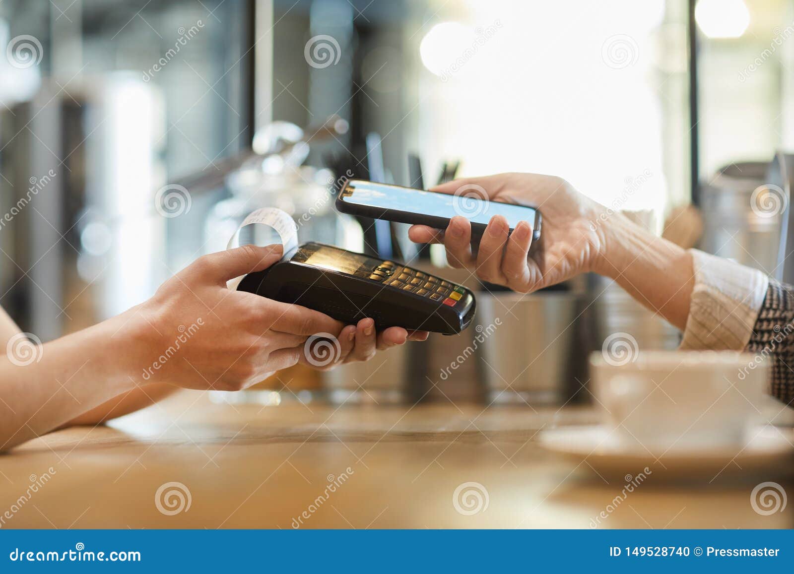 Payment in cafe stock photo. Image of media, reader - 149528740