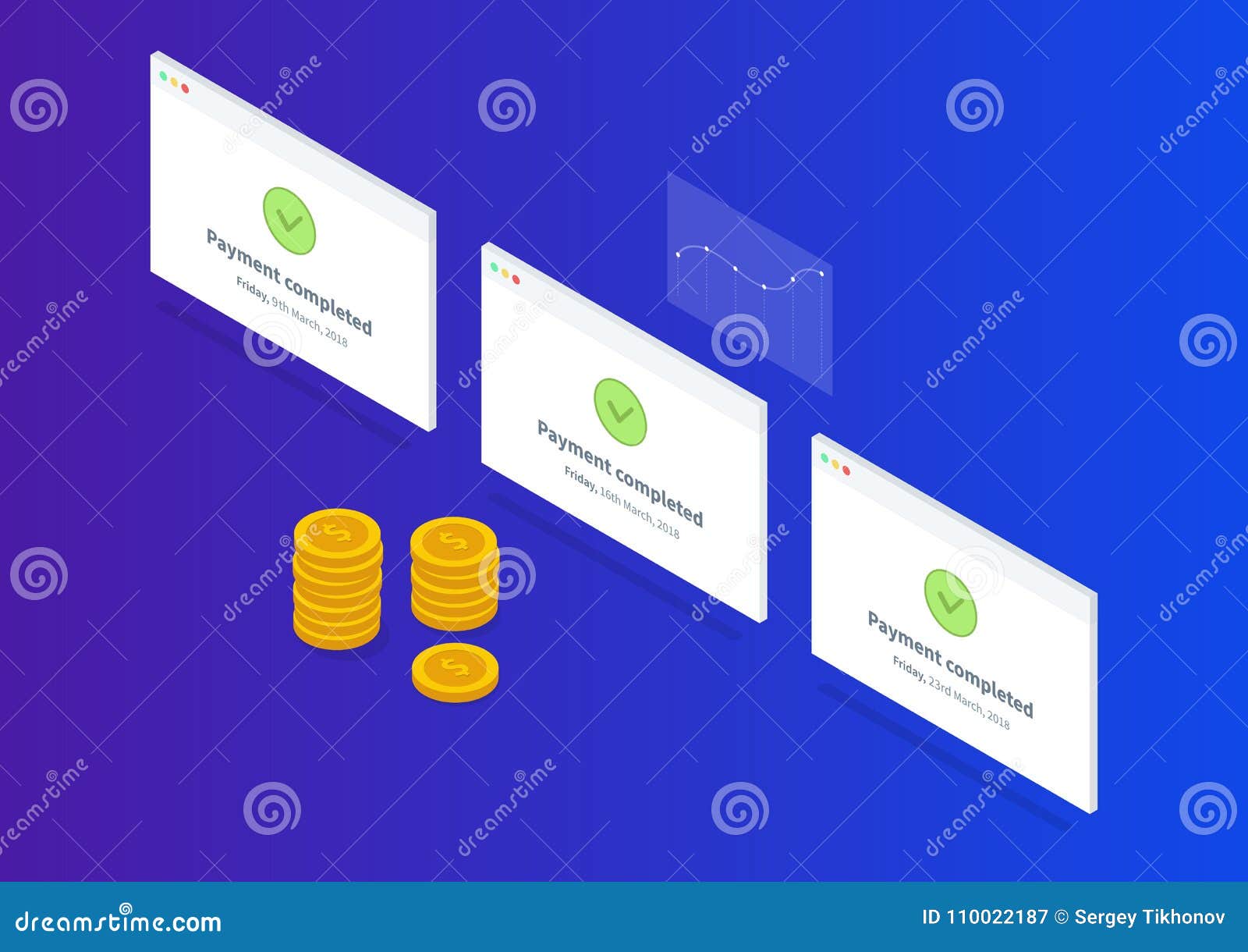Payment Successful Isometric Illustration with Gold Coins and Chart ...