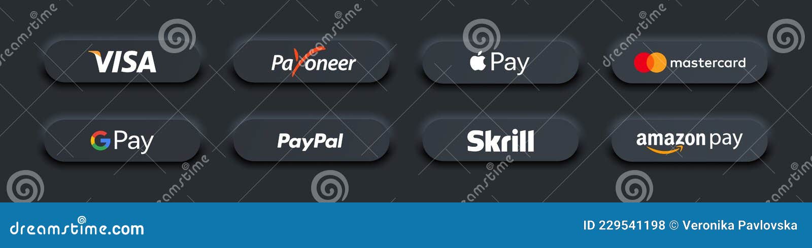 Payment Systems Buttons Set. Visa, Payoneer, Apple Pay, Mastercard ...