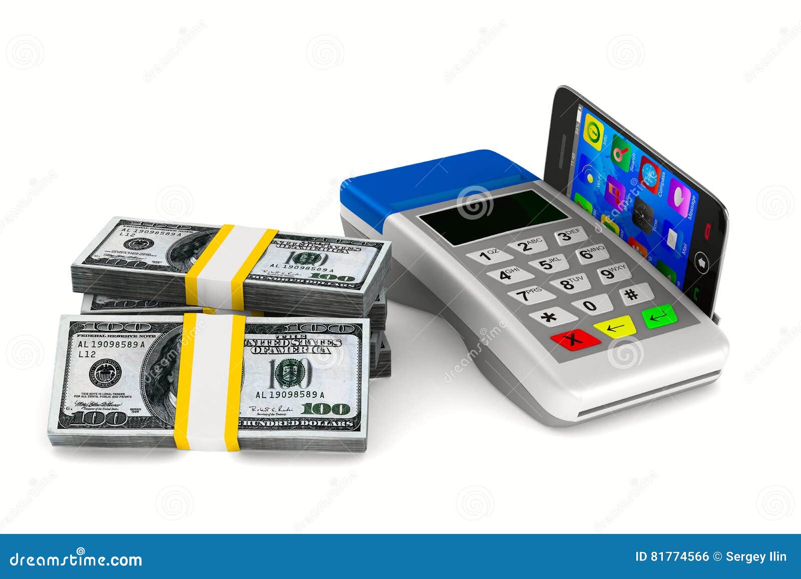 Payment Terminal and Cash on White Background Stock Illustration ...