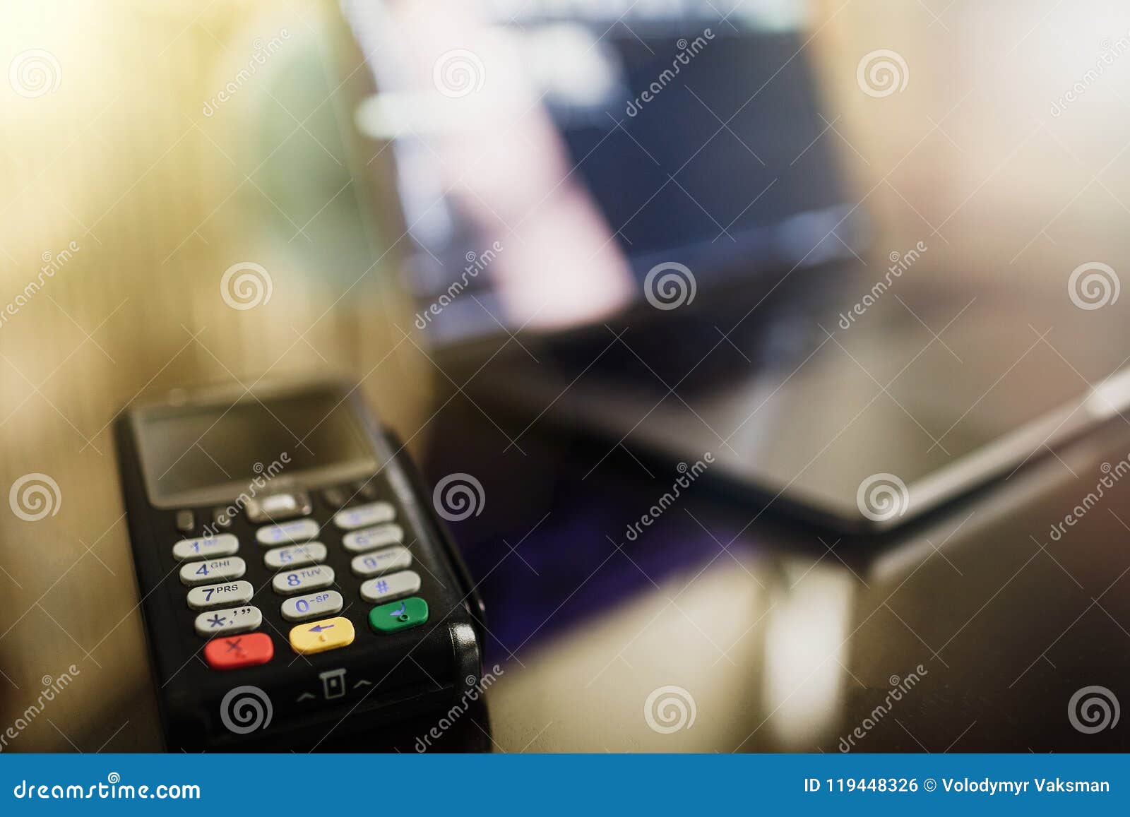 Online Payment by Using Notebook with Sun Light Effect Stock Photo ...