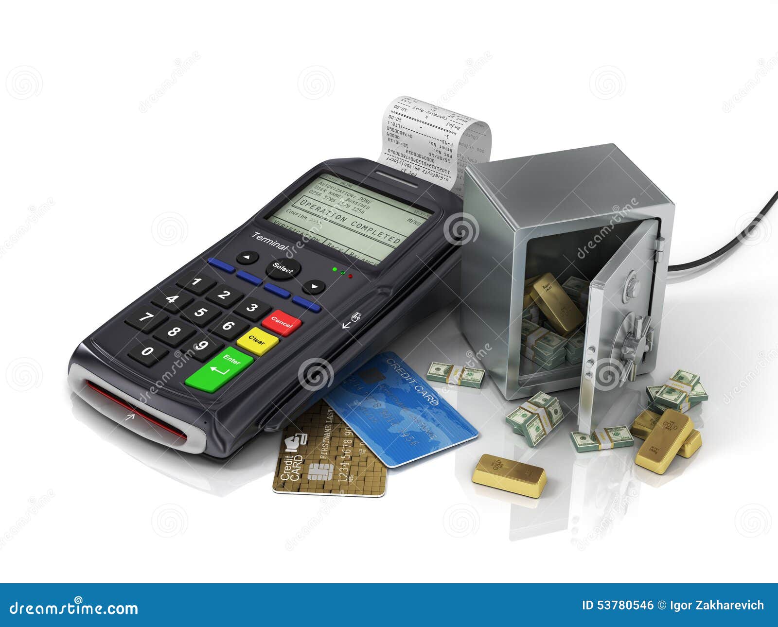 Payment Terminal with Credit Card and Safe with Gold and Money. Stock ...