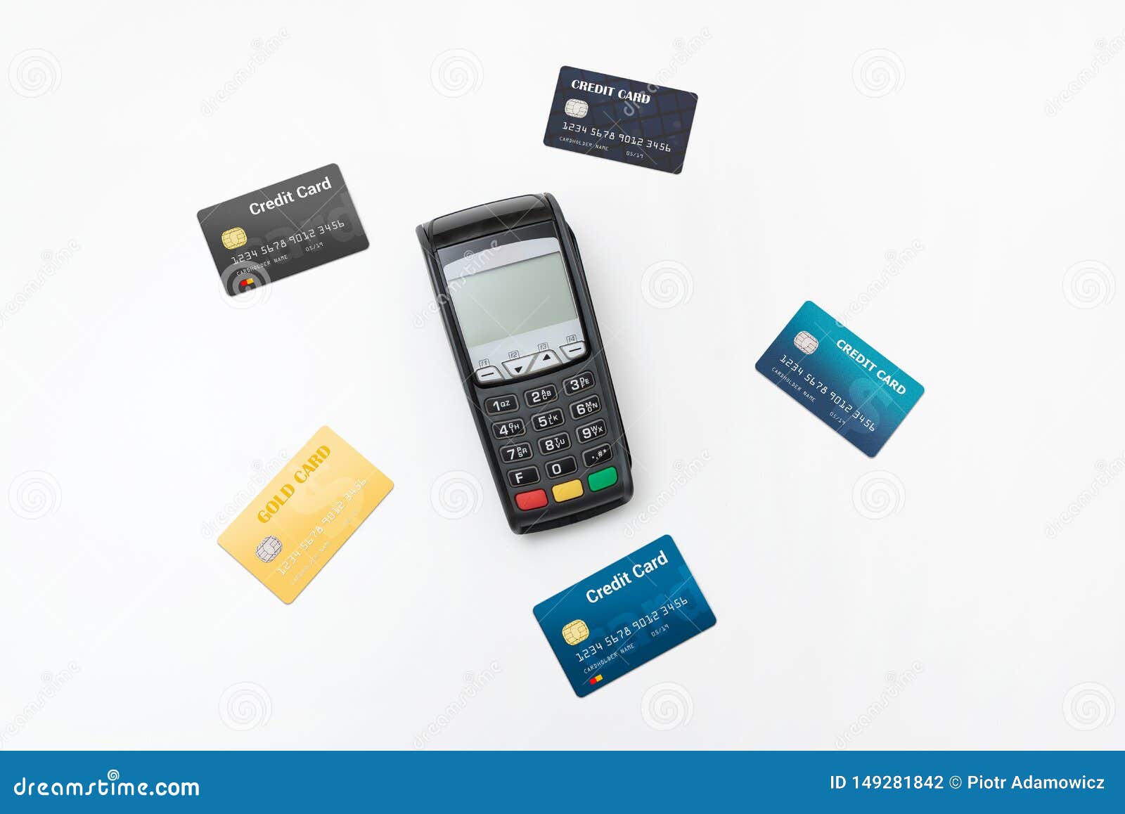 Payment Terminal with Credit Cards Top View Stock Photo - Image of ...