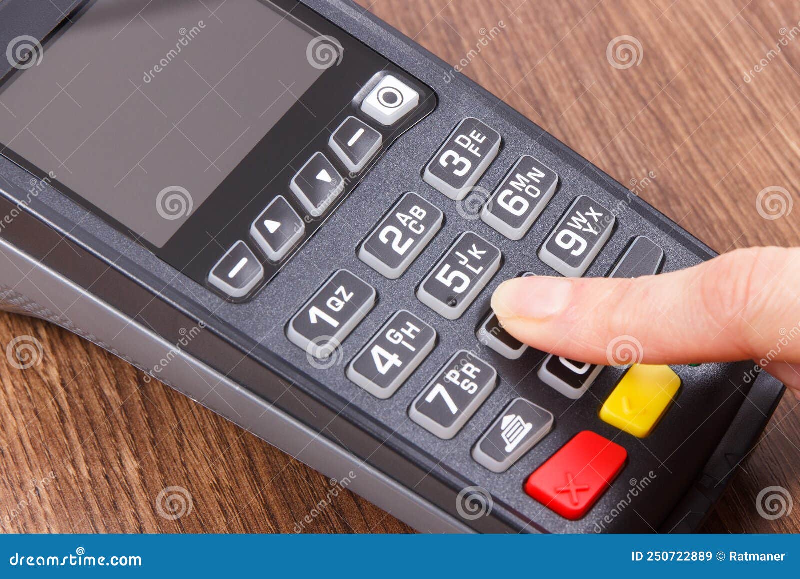 Payment Terminal and Finger Entering PIN Code. Credit Card Reader Using ...