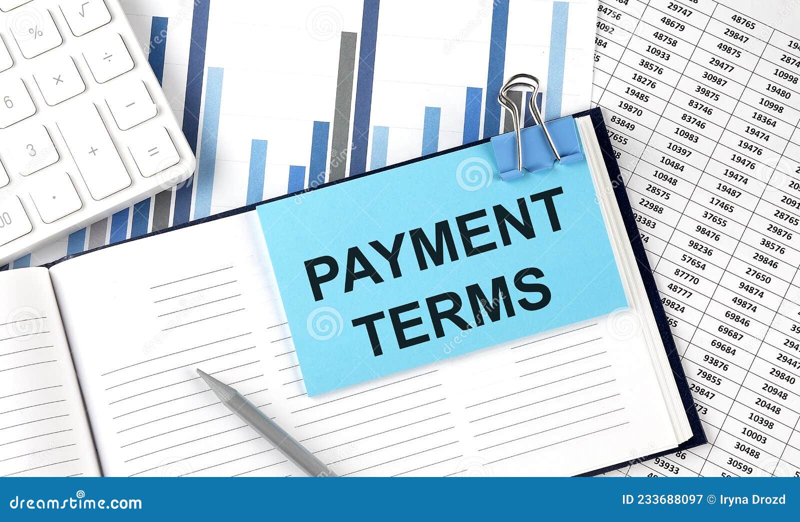 PAYMENT TERMS Text on Blue Sticker on the Chart Background Near ...