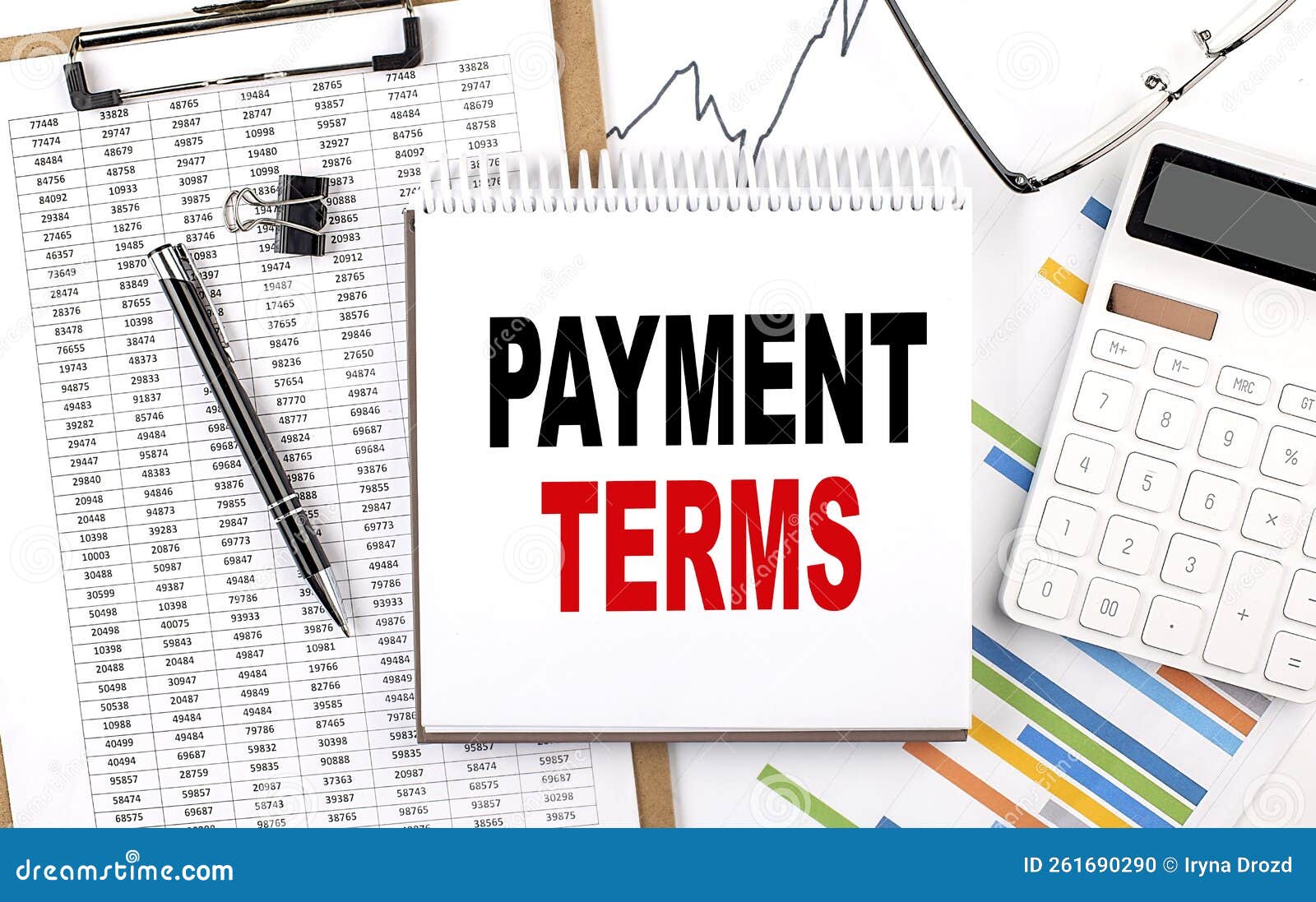 PAYMENT TERMS Text on Notebook with Chart, Calculator and Pen Stock ...