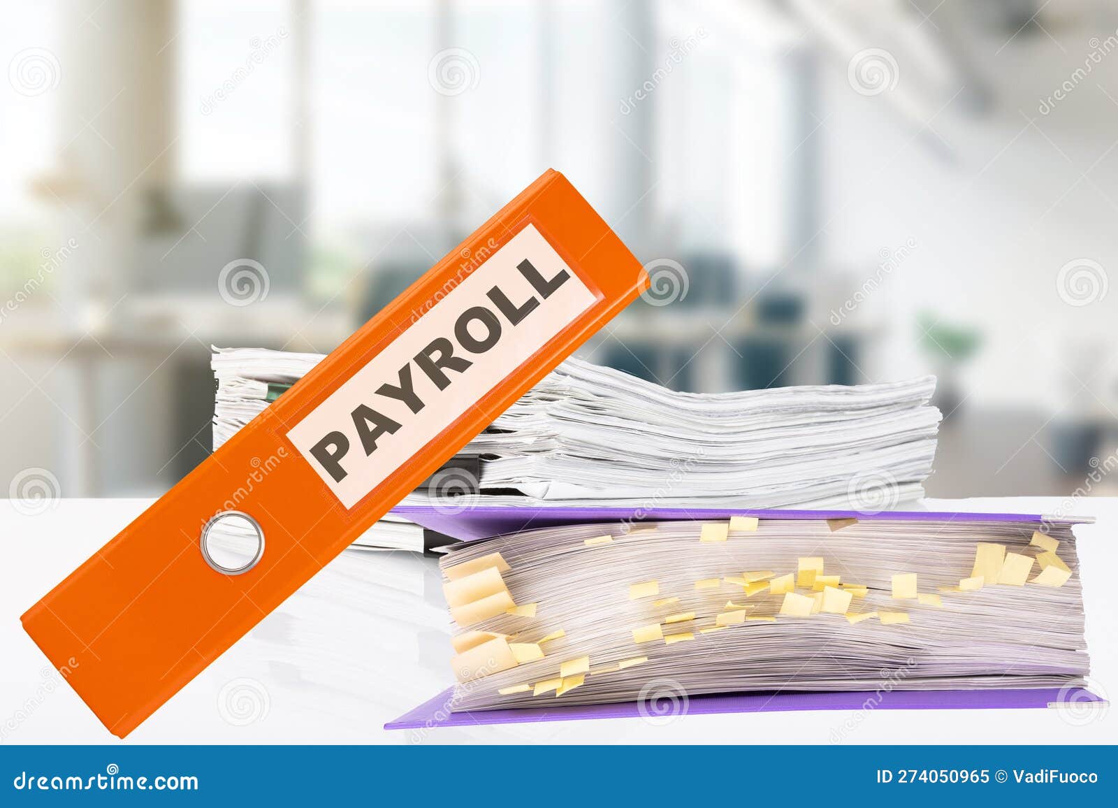PAYROLL. Business Office with Office Folders and Stacks of Papers on ...