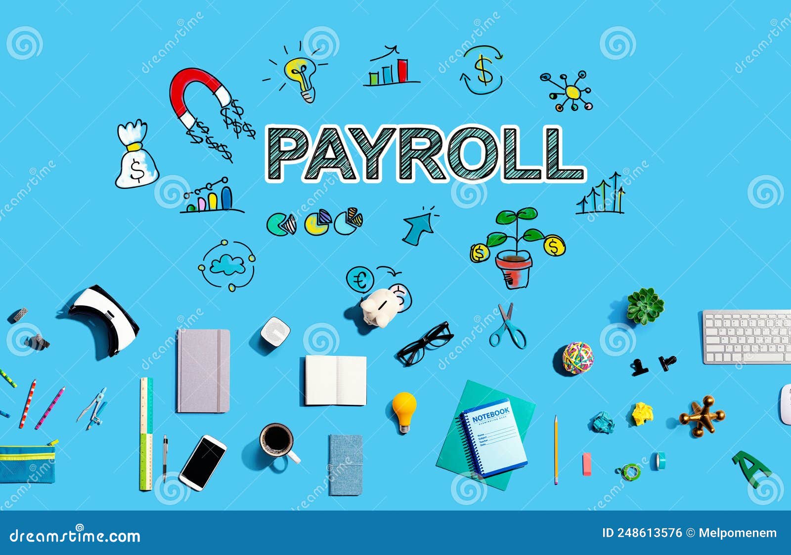 Payroll, Office Binder On Wooden Desk. On The Table Colored Pencils ...