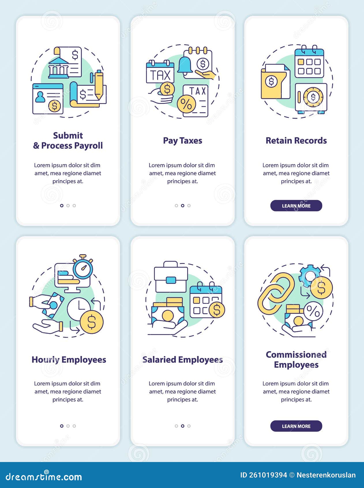 Payroll Processing Stages and Ways Onboarding Mobile App Screen Set ...