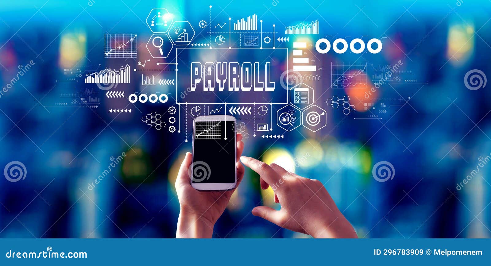 Payroll Theme with Person Using a Smartphone at Night Stock Image ...
