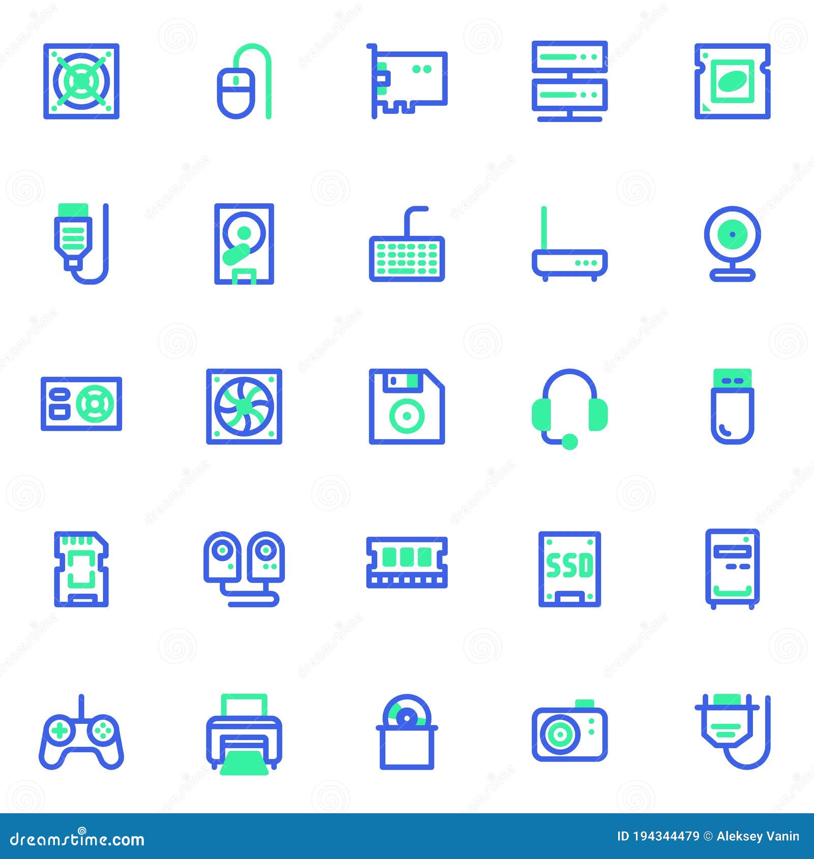 PC Components Line Icons Set. Stock Vector - Illustration of cables ...