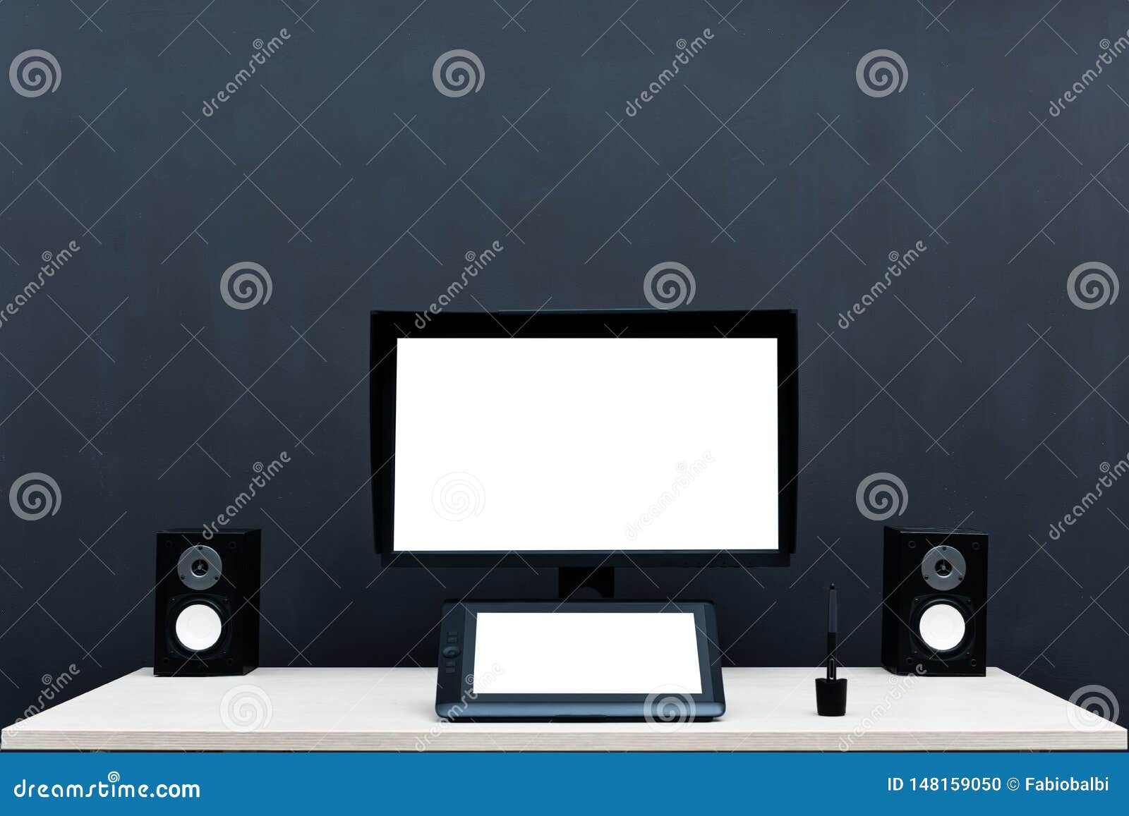 Computer on Workspace Table Showing Blank White Screen Stock Photo ...