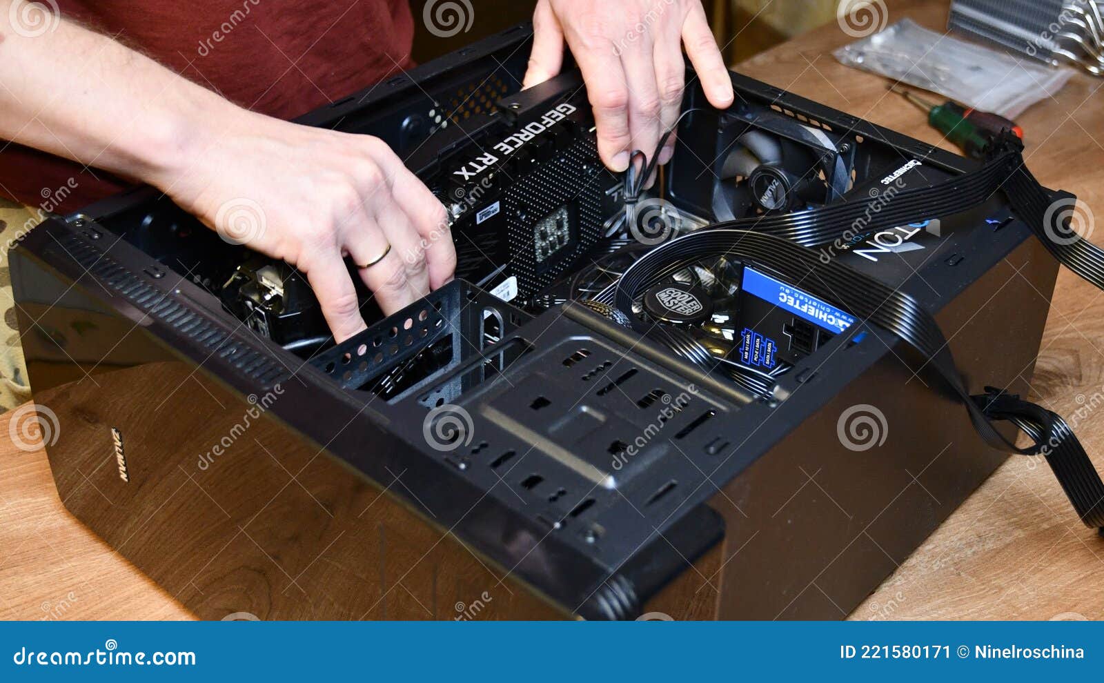 Man Hands Assemble And Install CPU Cooler And NVidia GeForce Graphics ...