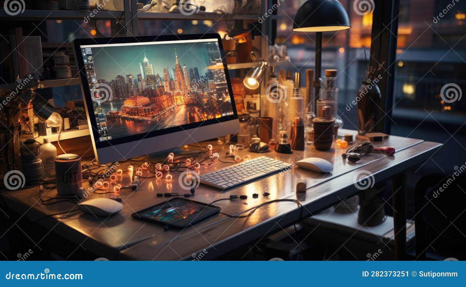 Pc on the Desk of the Content Creator Stock Illustration - Illustration ...