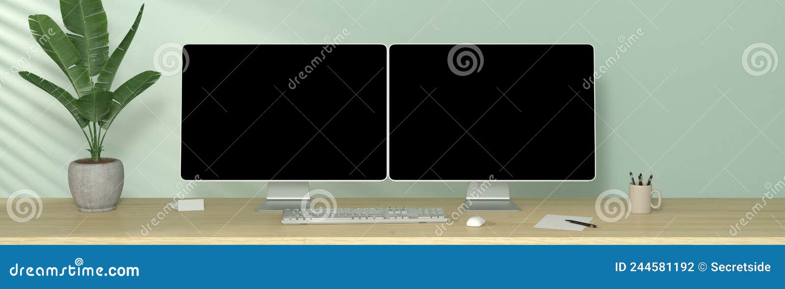 Pc Dual Screen Workstation Mockup Stock Illustration - Illustration of ...