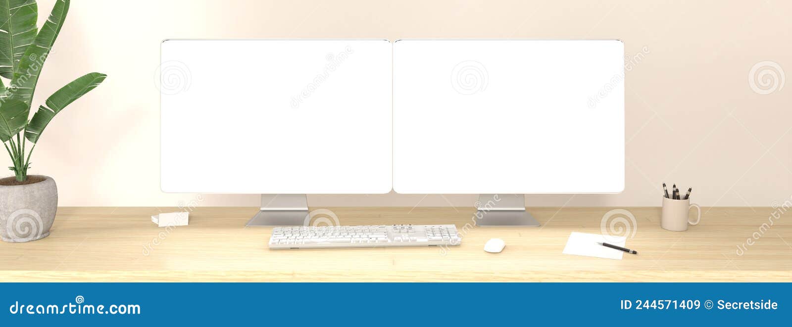 Pc Dual Screen Workstation Mockup Stock Illustration - Illustration of ...