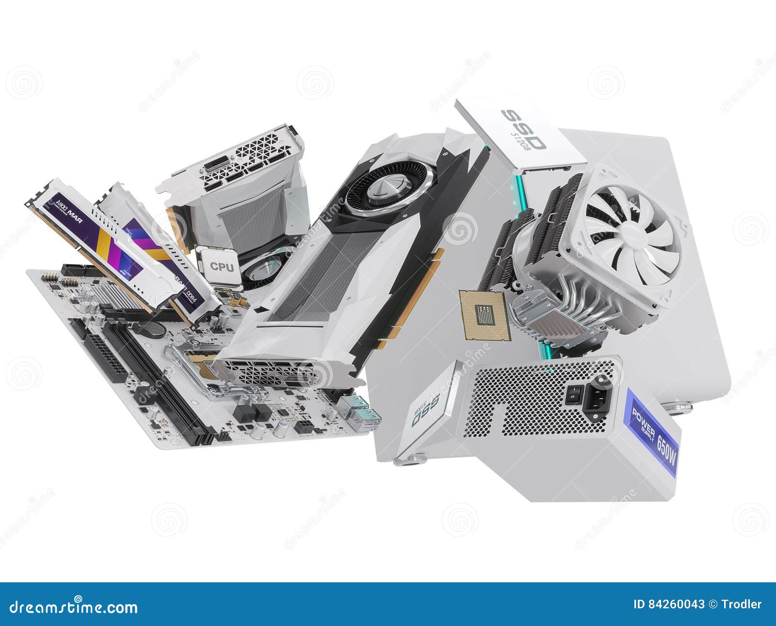 PC Hardware Components Isolated on White. 3d Rendering Stock ...
