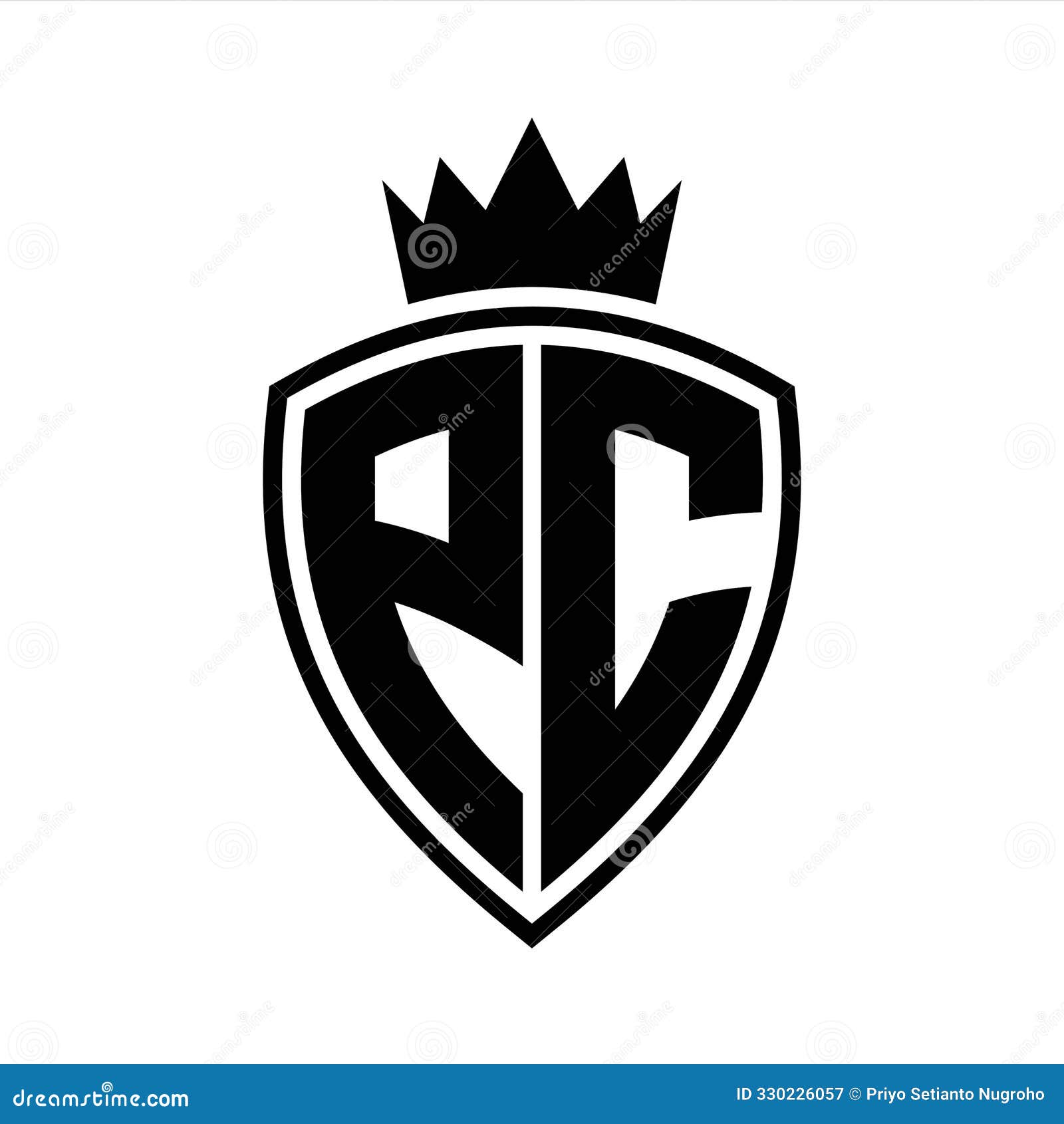 PC Letter Monogram Shield and Crown Outline Shape with Black and White ...