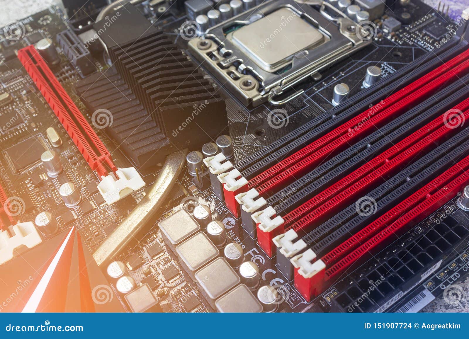 PC Mainboard Memory Slots and Components. Close Up with Selective Focus ...