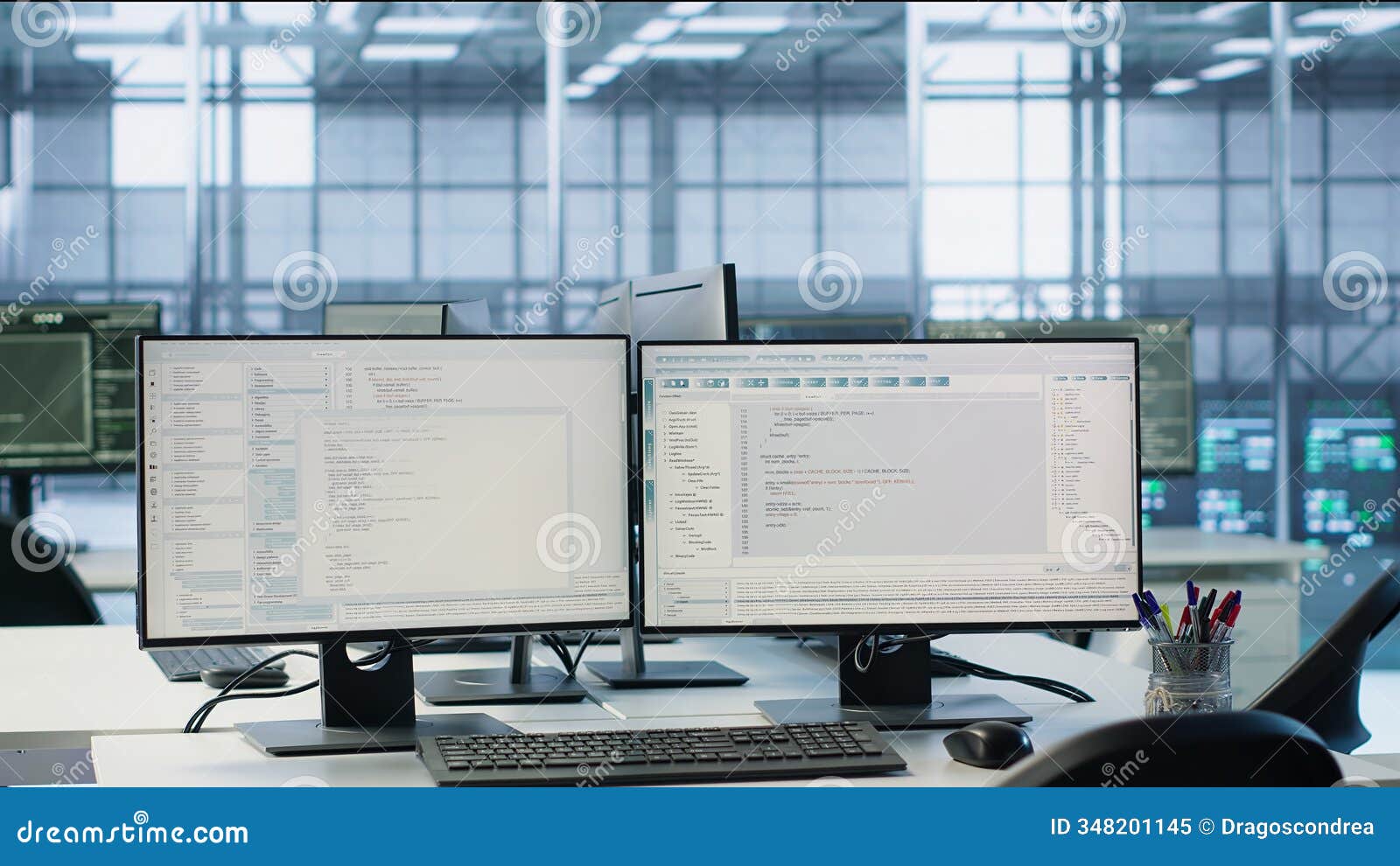 PC Monitors on Desk Used for Checking Potential System Failures in ...