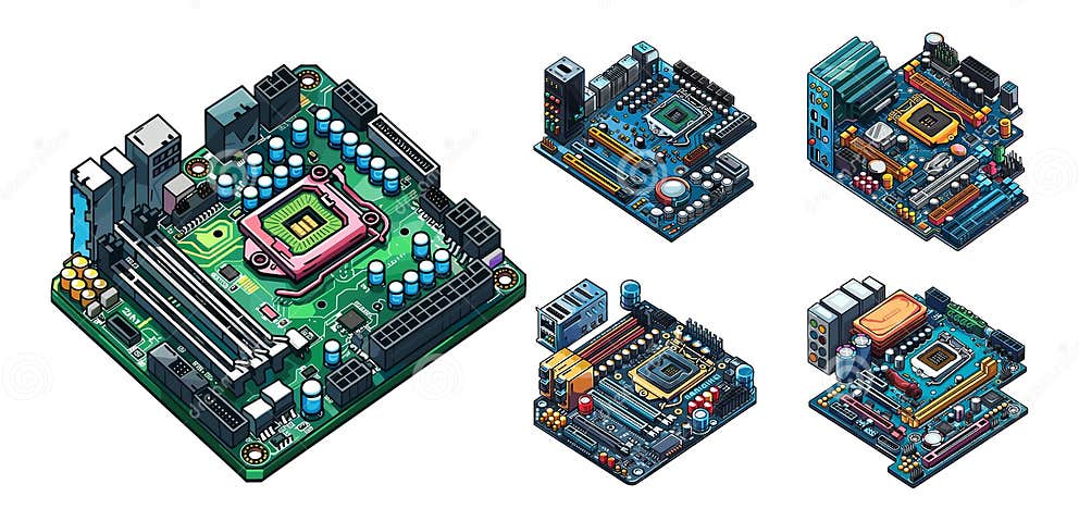 Pc Motherboards Isometric Vector Set. Semiconductor Personal Computer ...