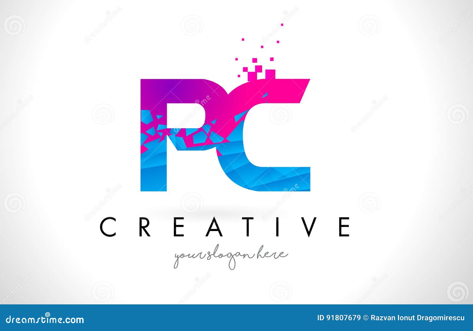 PC P C Letter Logo with Shattered Broken Blue Pink Texture Design ...