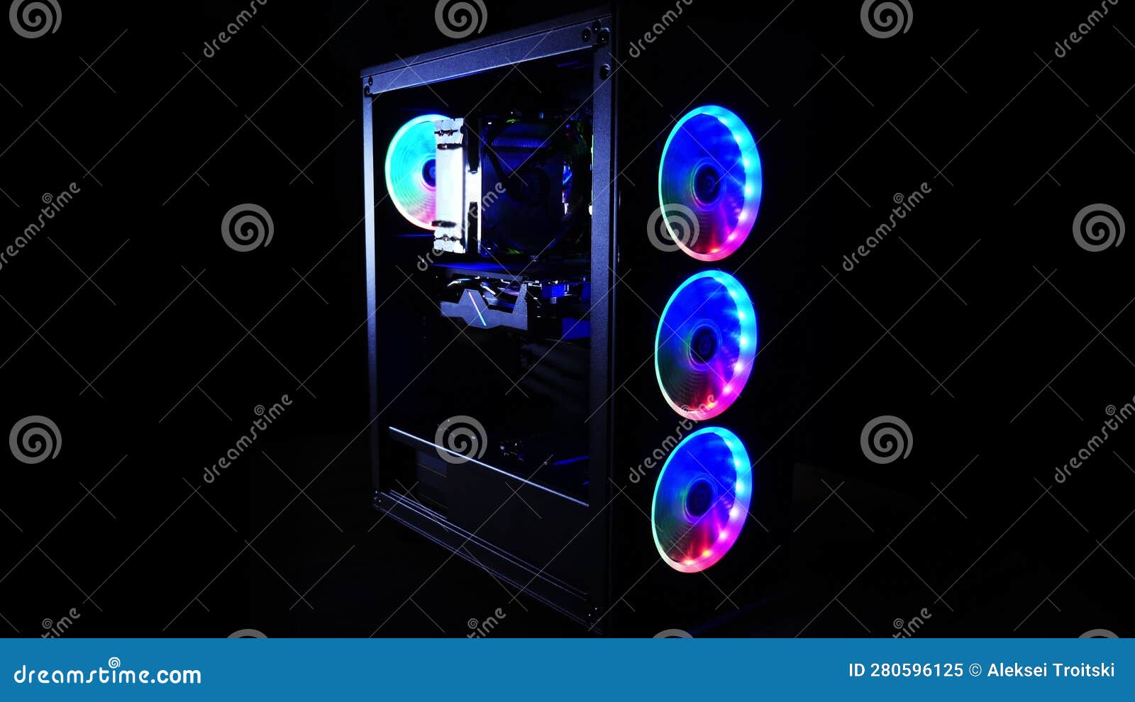 PC Standing in Dark Room. Led RGB Colorfull Lighting. Gaming PC ...