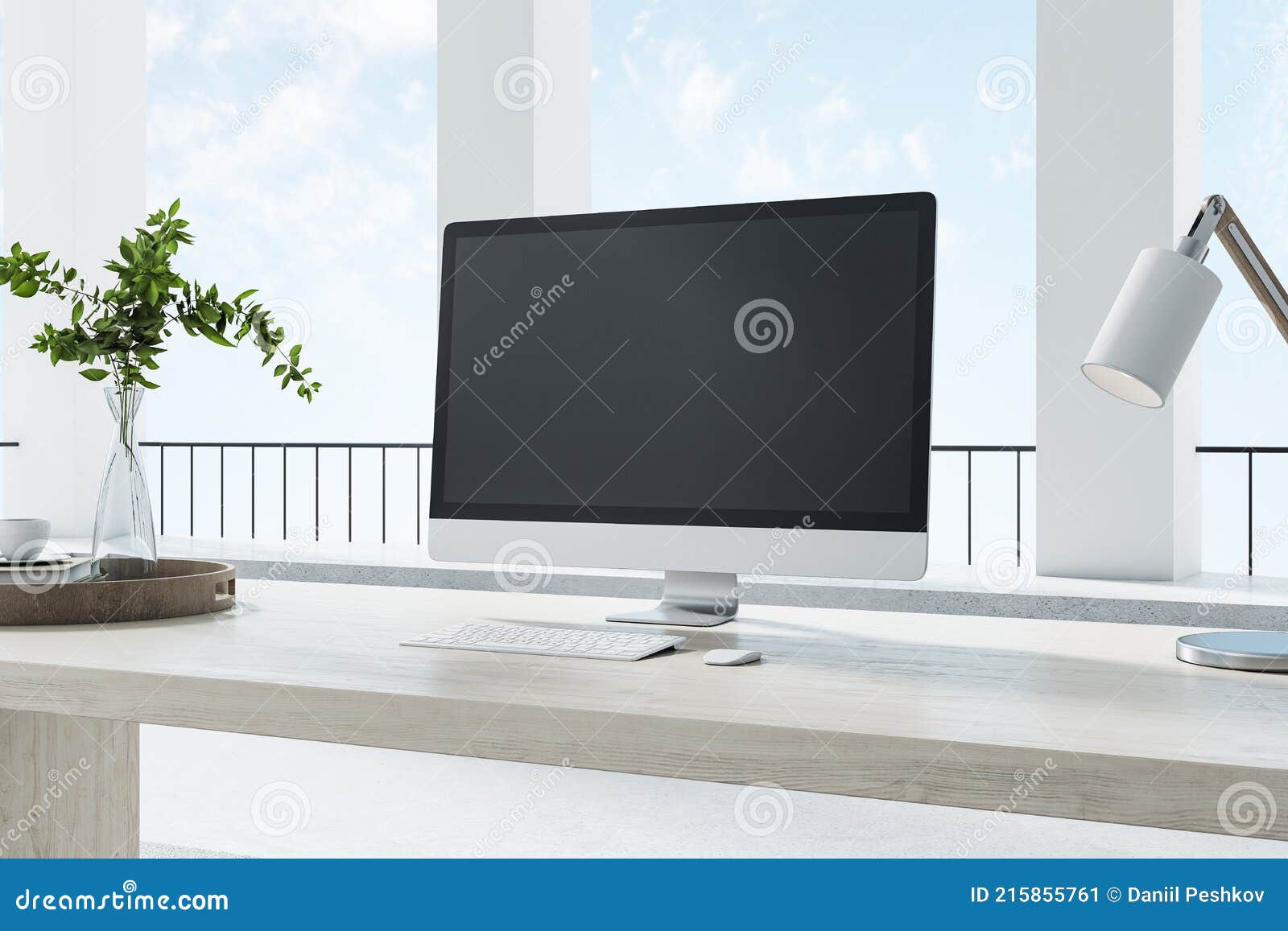 Pc Standing on a Desk in a Bright Room with Columns and Big Windows ...