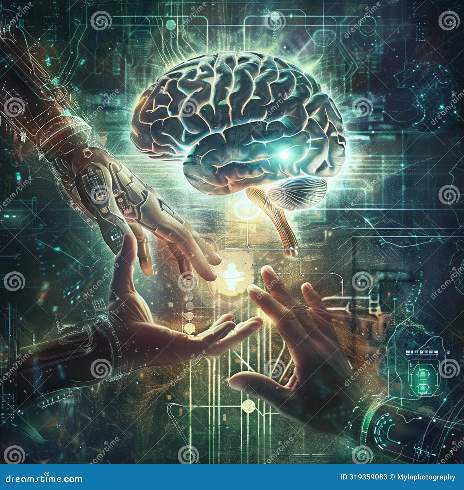 PCB Brain with 3d Render Human Brain. Artificial Intelligence or AI ...