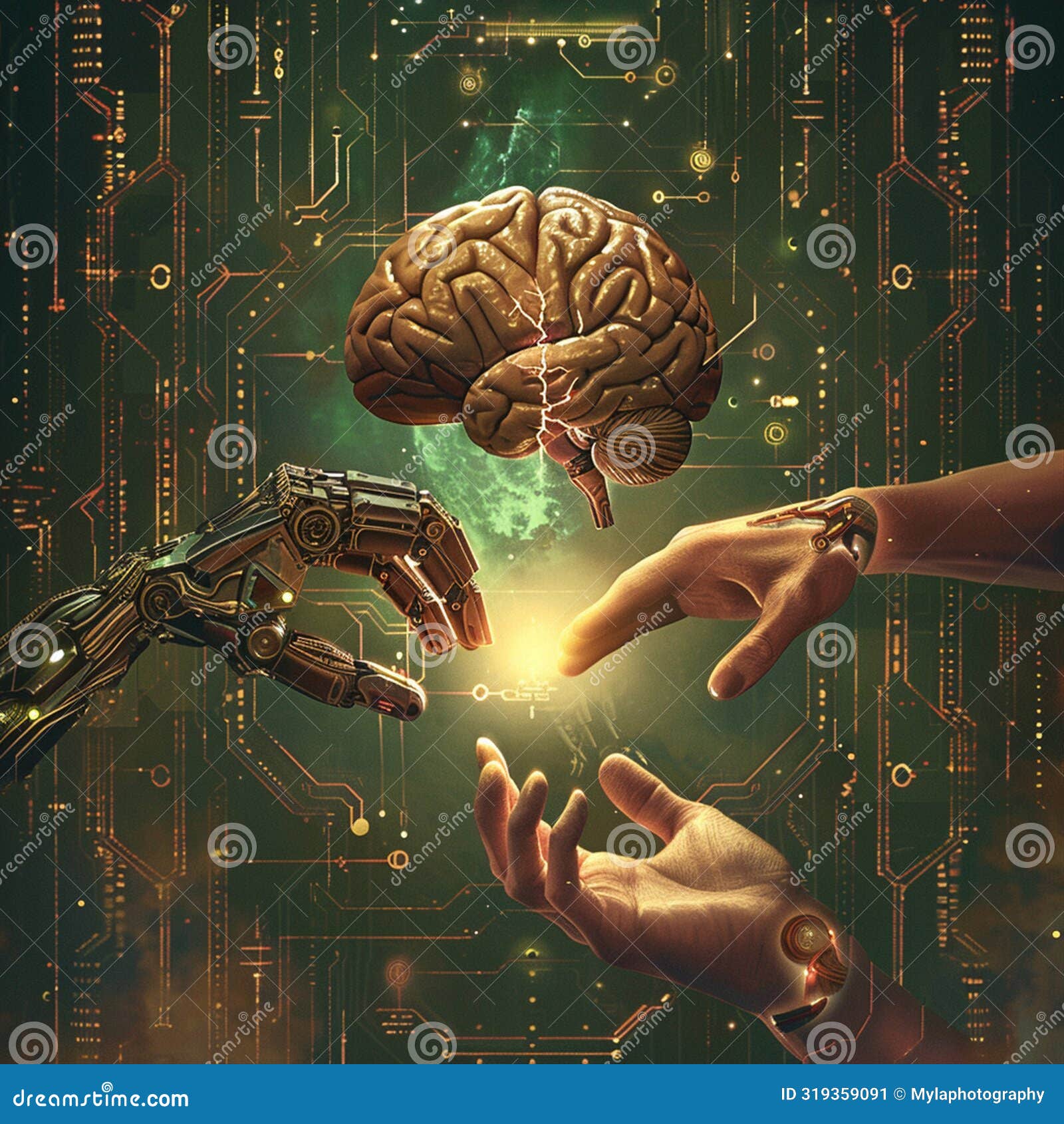 PCB Brain with 3d Render Human Brain. Artificial Intelligence or AI ...