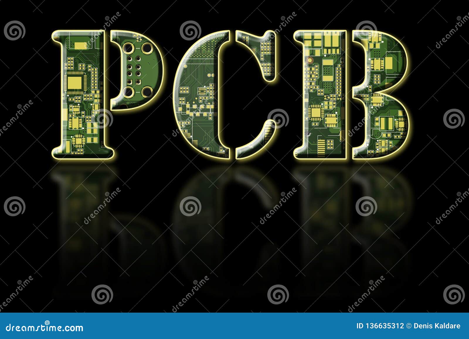 PCB Text on Printed Circuit Board Pattern with Shadow on Black ...