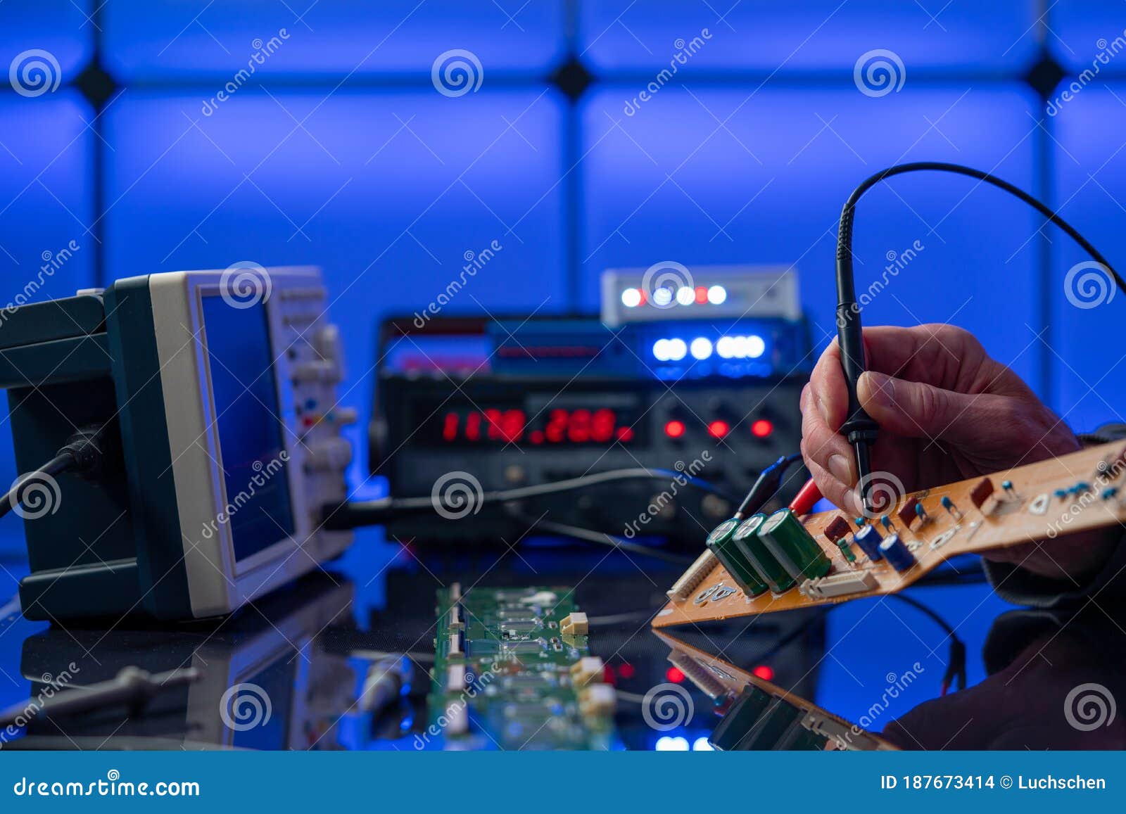 Debugging Electronics Device. PCB Witch Microcontroller in Electronics Laboratory Stock Photo ...
