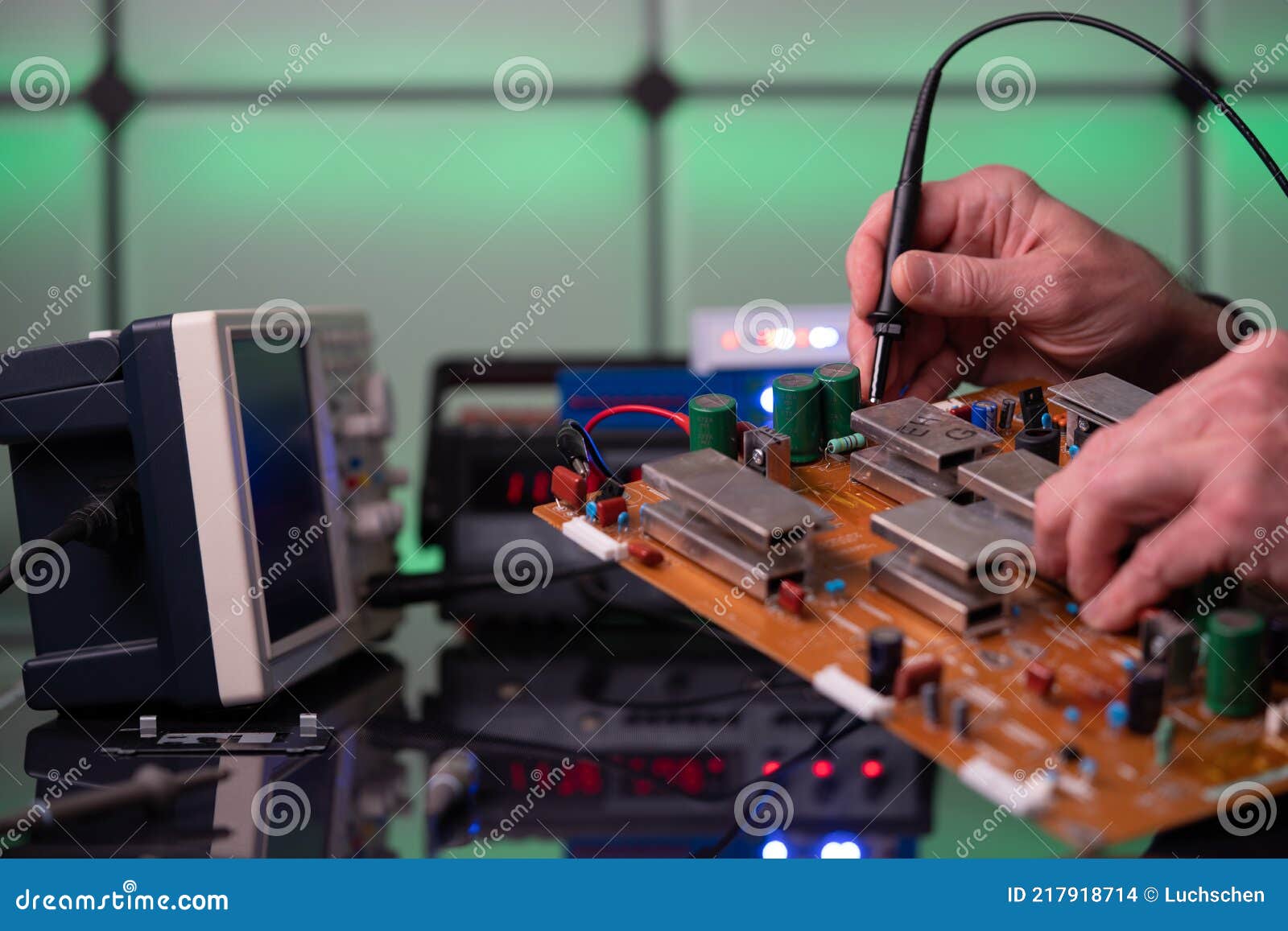 Debugging Electronics Device. PCB Witch Microcontroller in Electronics Laboratory Stock Photo ...