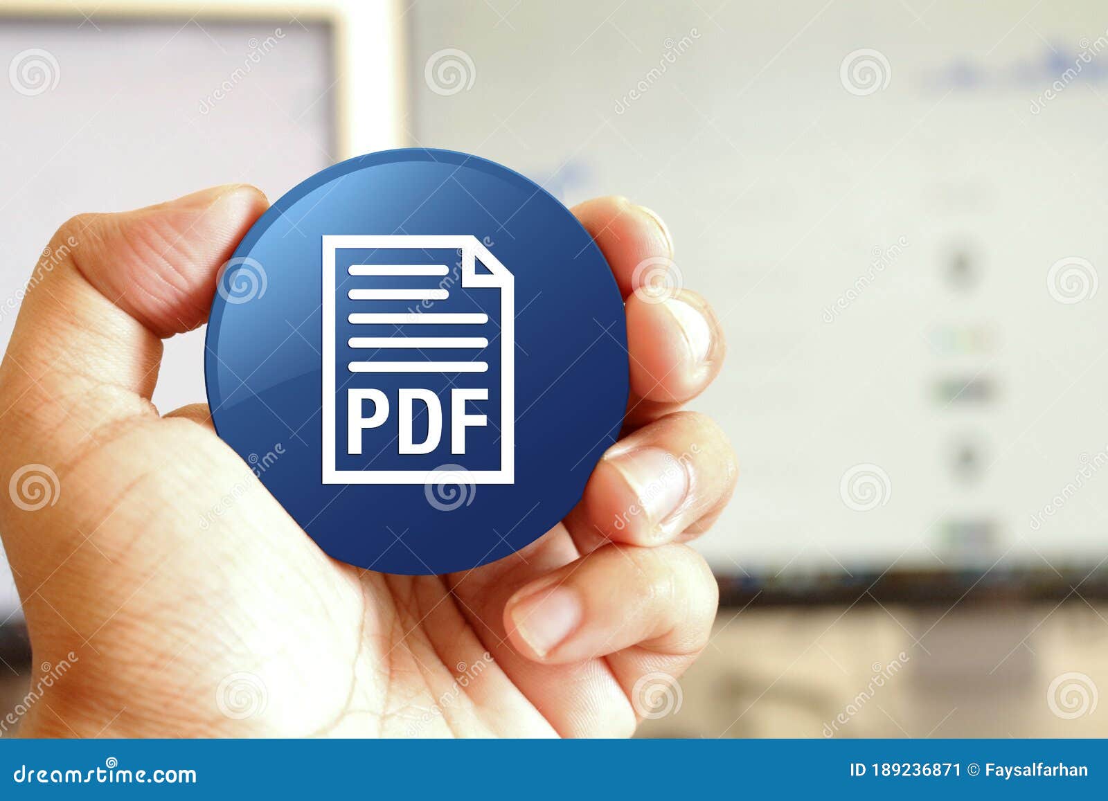 PDF Document Icon Blue Round Button Holding by Hand Infront of ...