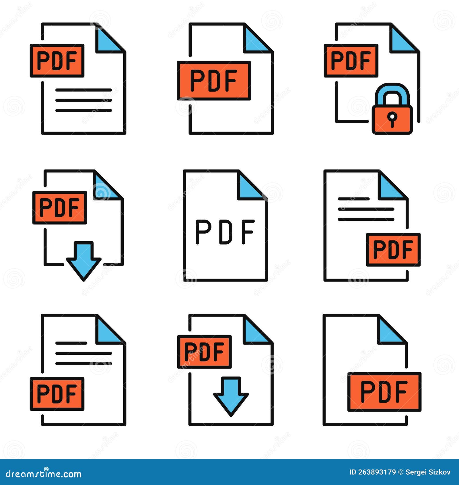 PDF Icons Set on White Background. Line Style Vector Stock Illustration ...
