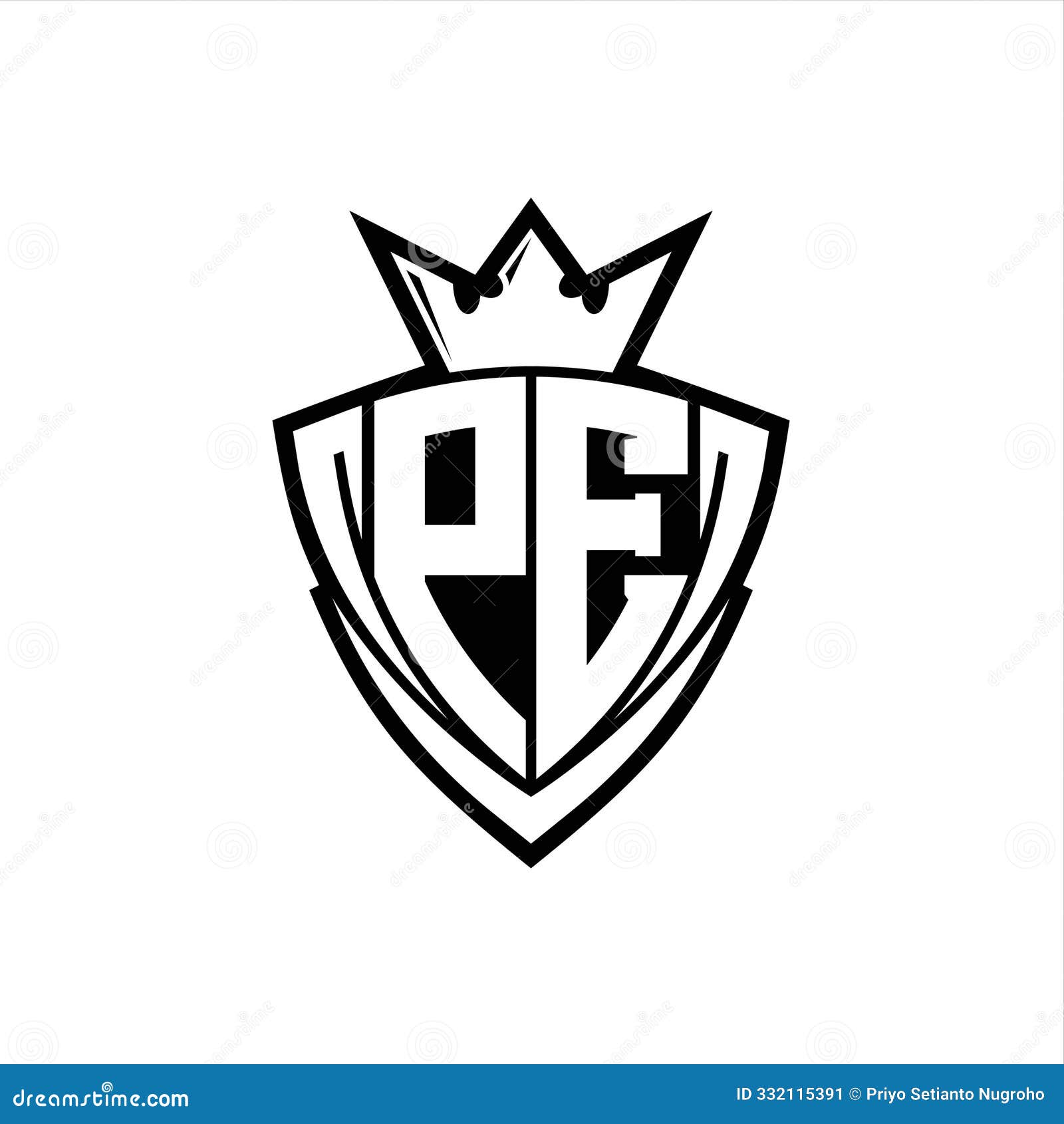 PE Letter Logo With Sharp Triangle Shield Shape With Crown Inside White ...
