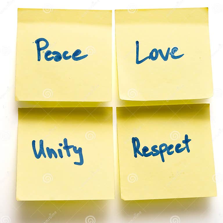 Peace Love Unity Respect Yellow Post-its on Board Stock Photo - Image ...