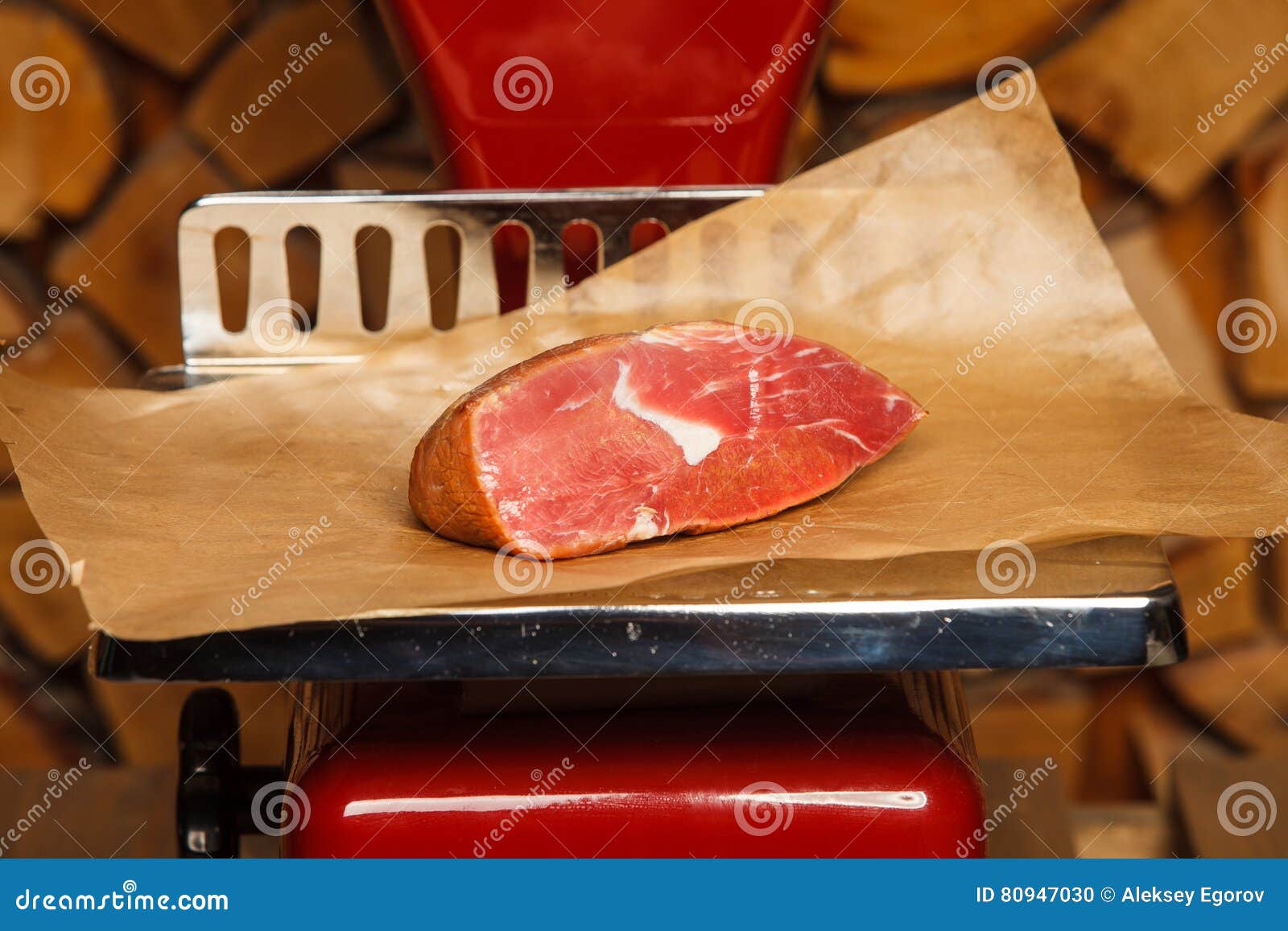 Peace of Meat on Red Scales Stock Photo - Image of business, nonvegan ...