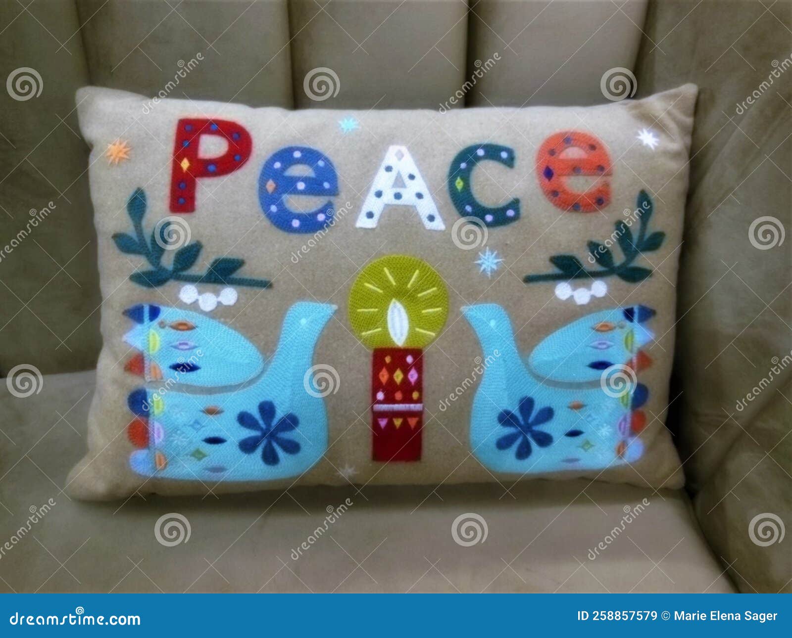 Peace Pillow on Couch stock image. Image of theme, holiday - 258857579