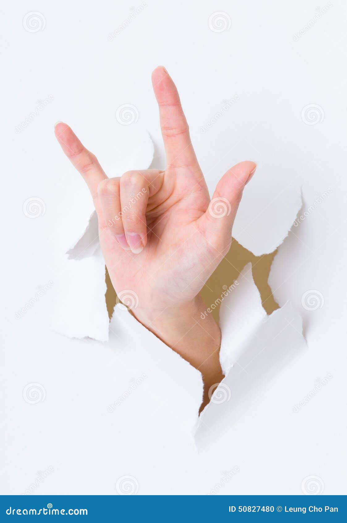 Peace Sign Gesture Break through the Paper Stock Photo - Image of hole ...