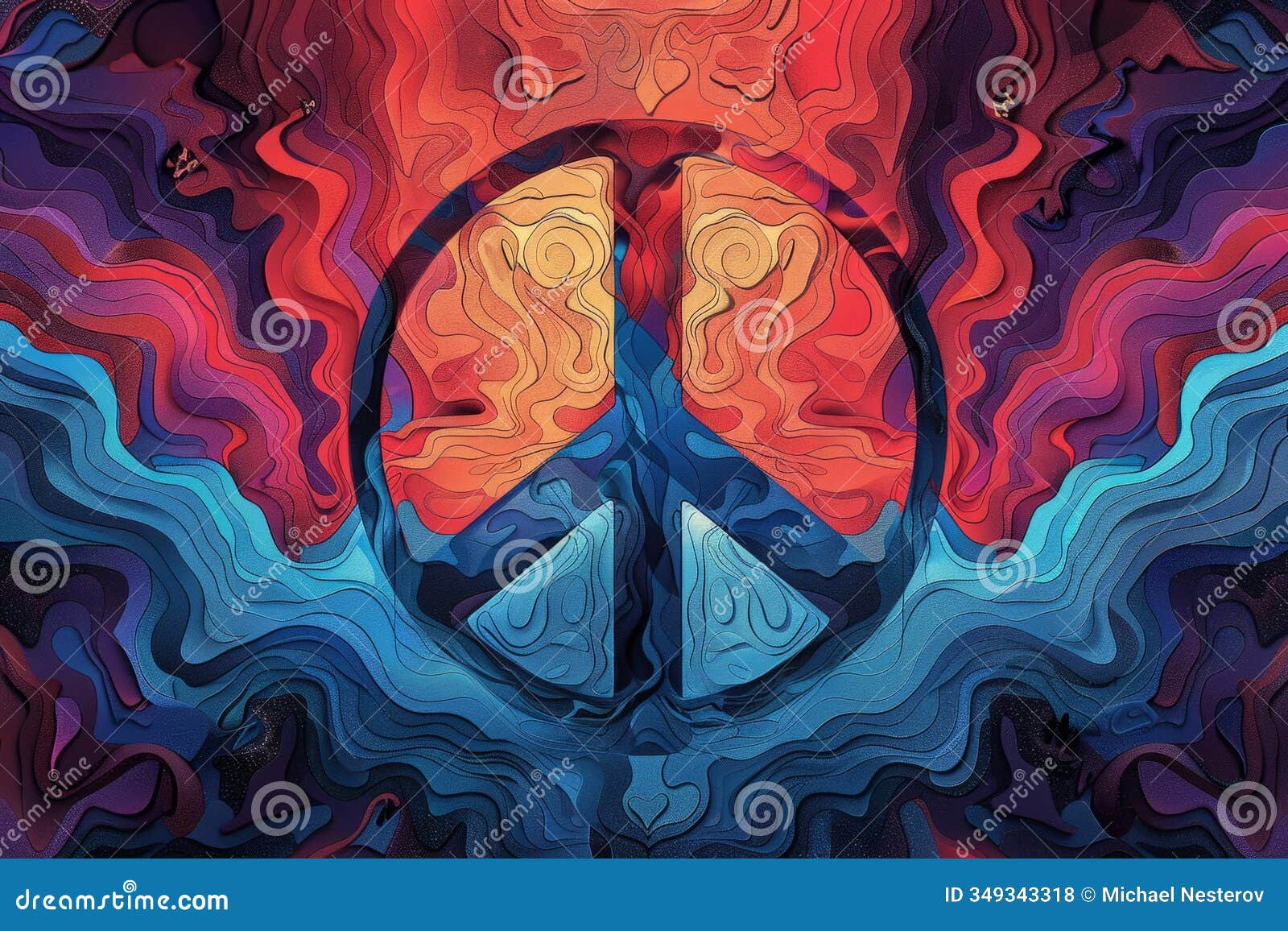 Peace Symbol Floating On A Wavy Psychedelic Background Stock ...